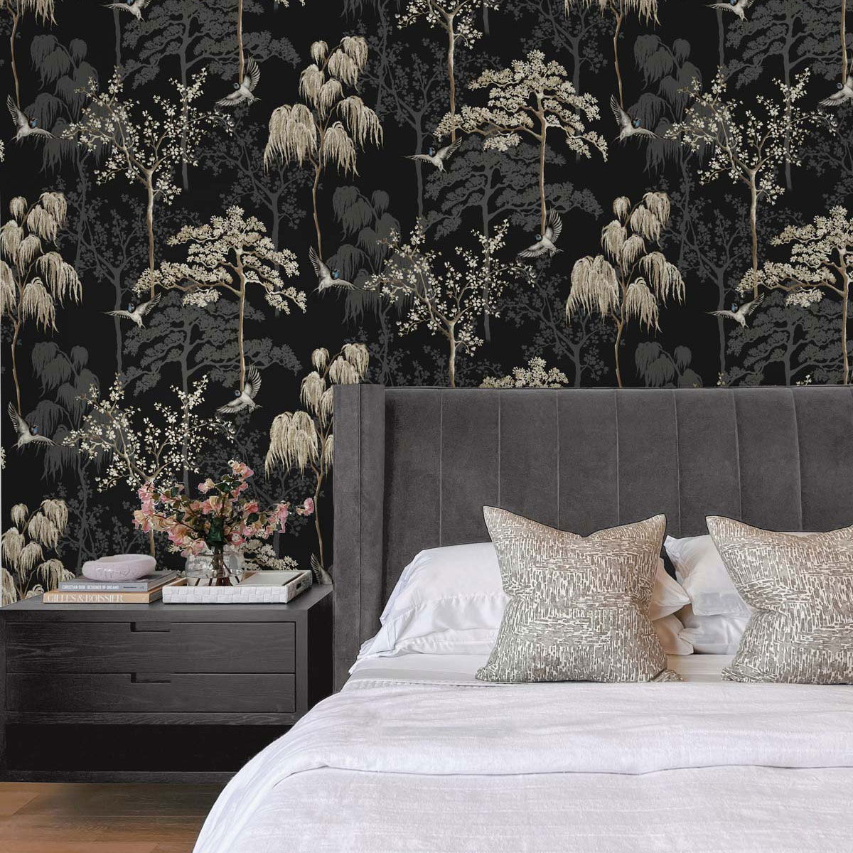 NextWall Peel & Stick Bird Garden Black Wallpaper | OnlineFabricStore