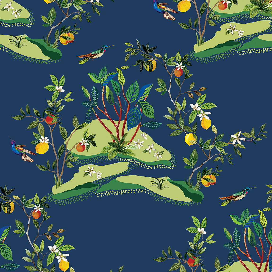 Daisy Bennett Citrus Hummingbird Navy Blue Wallpaper | OnlineFabricStore