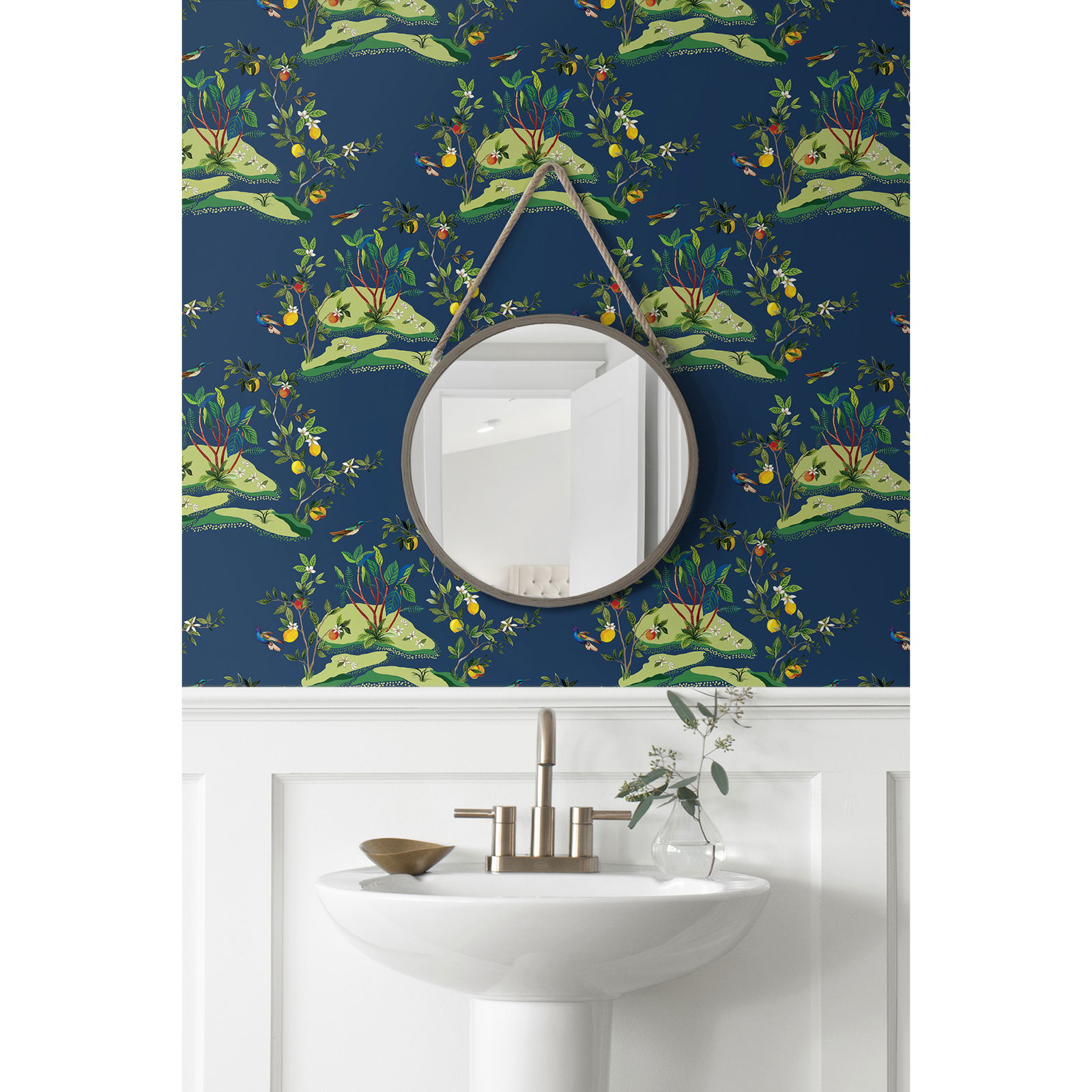 Daisy Bennett Citrus Hummingbird Navy Blue Wallpaper | OnlineFabricStore