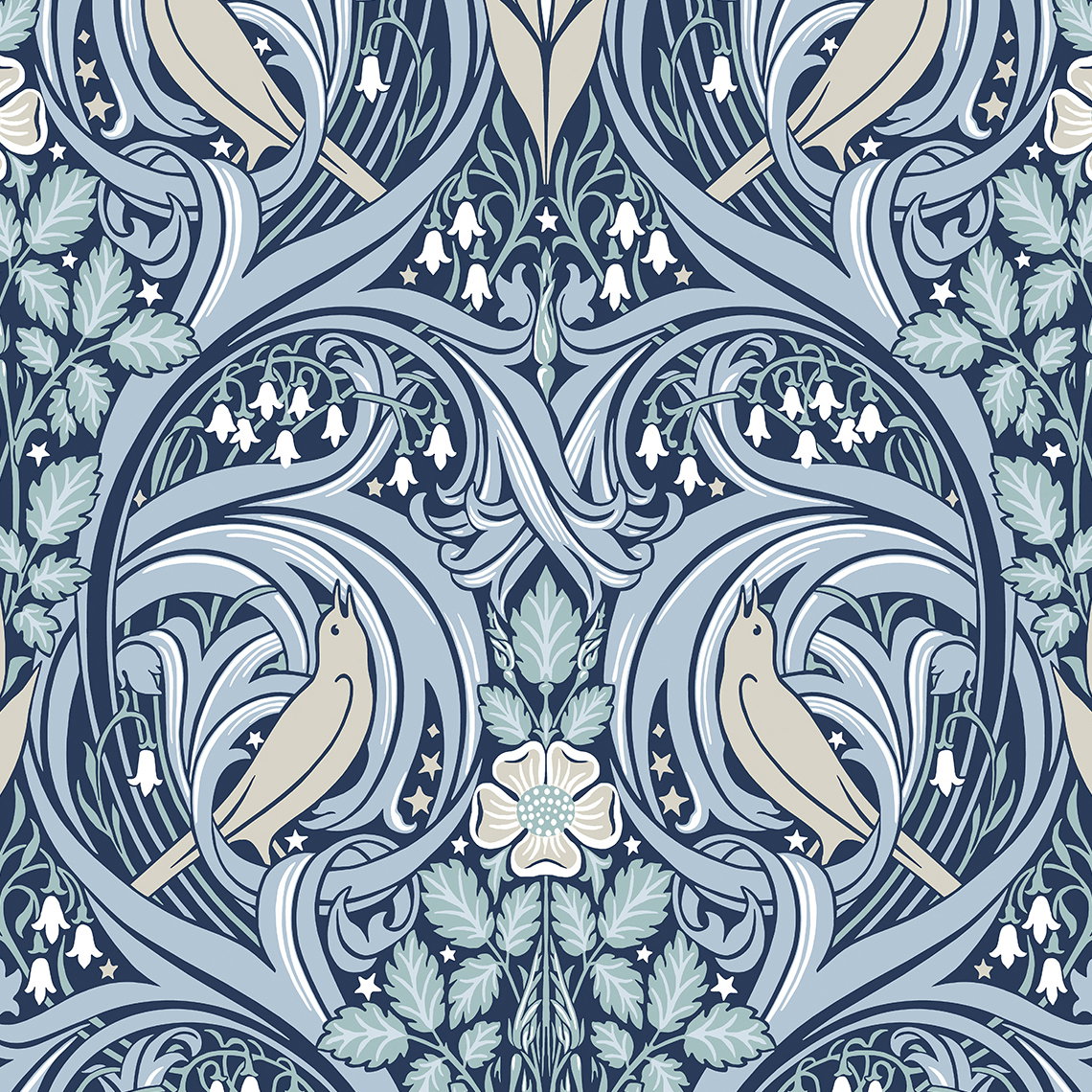 Seabrook Designs Bird Scroll Denim & Blue Mist Wallpaper ...