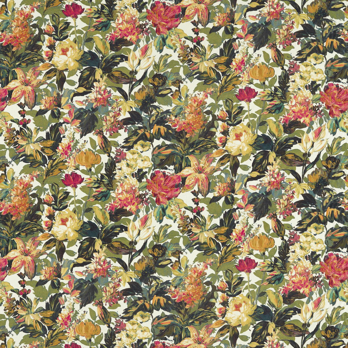 Clarke & Clarke Lilum Olive Raspberry Fabric | OnlineFabricStore