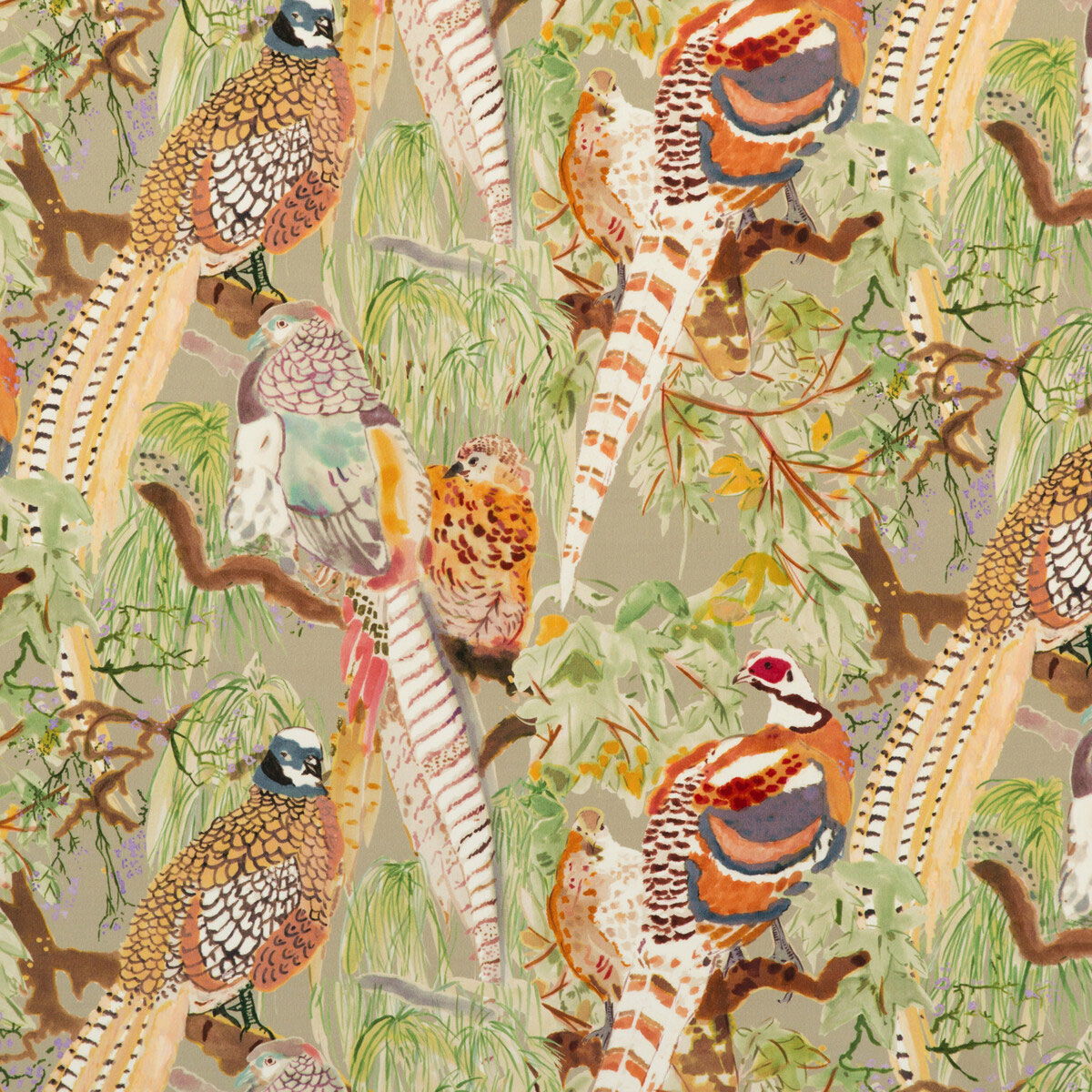 Mulberry Game Birds Velvet Stone/Multi Fabric | OnlineFabricStore
