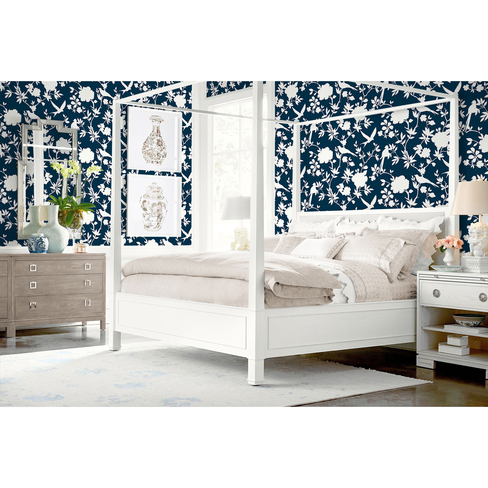 Lillian August Kauai Bird Toile Denim Blue Wallpaper | OnlineFabricStore