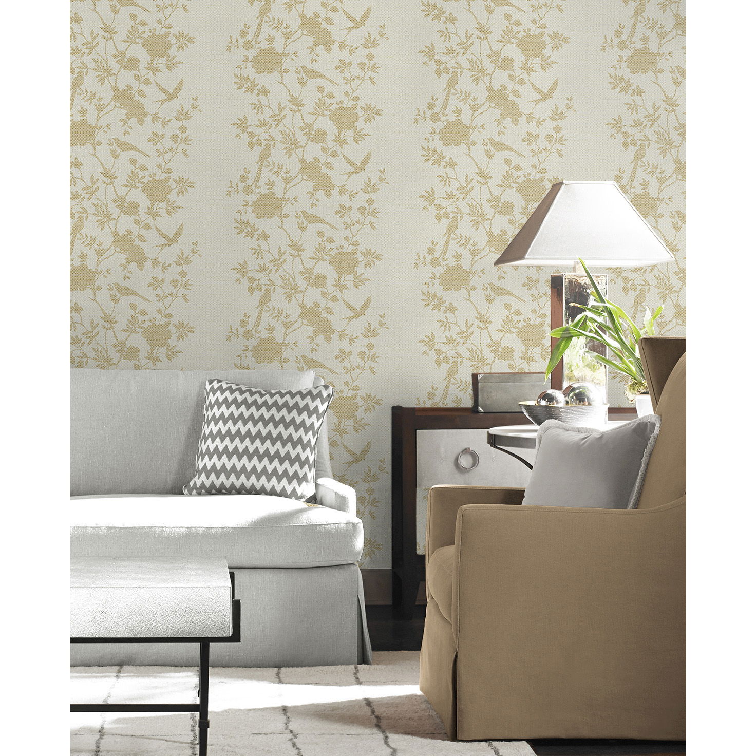 Lillian August Aloha Bird Trail Golden Wallpaper | OnlineFabricStore