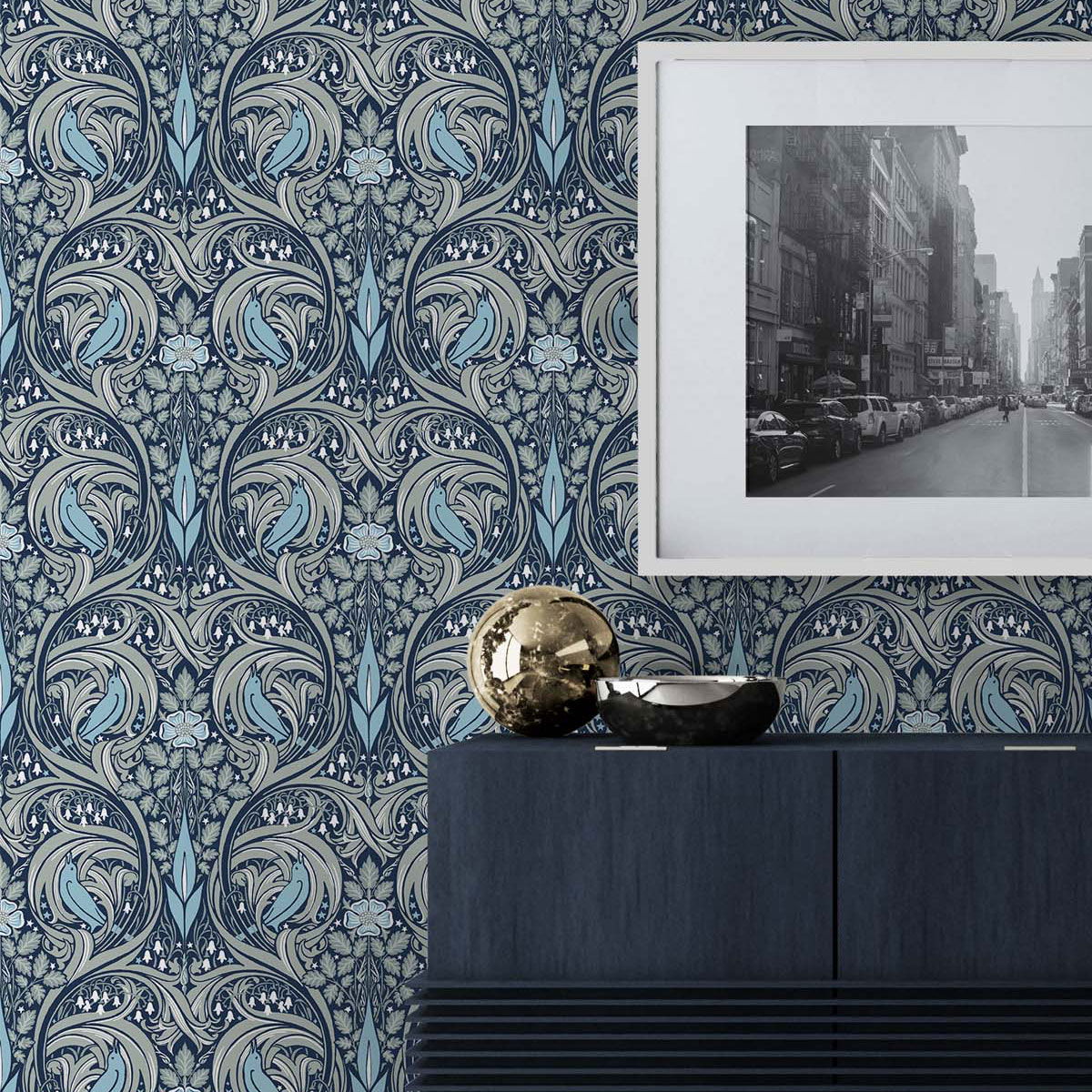 Seabrook Designs Bird Ogee Navy & Sky Blue Prepasted Wallpaper ...