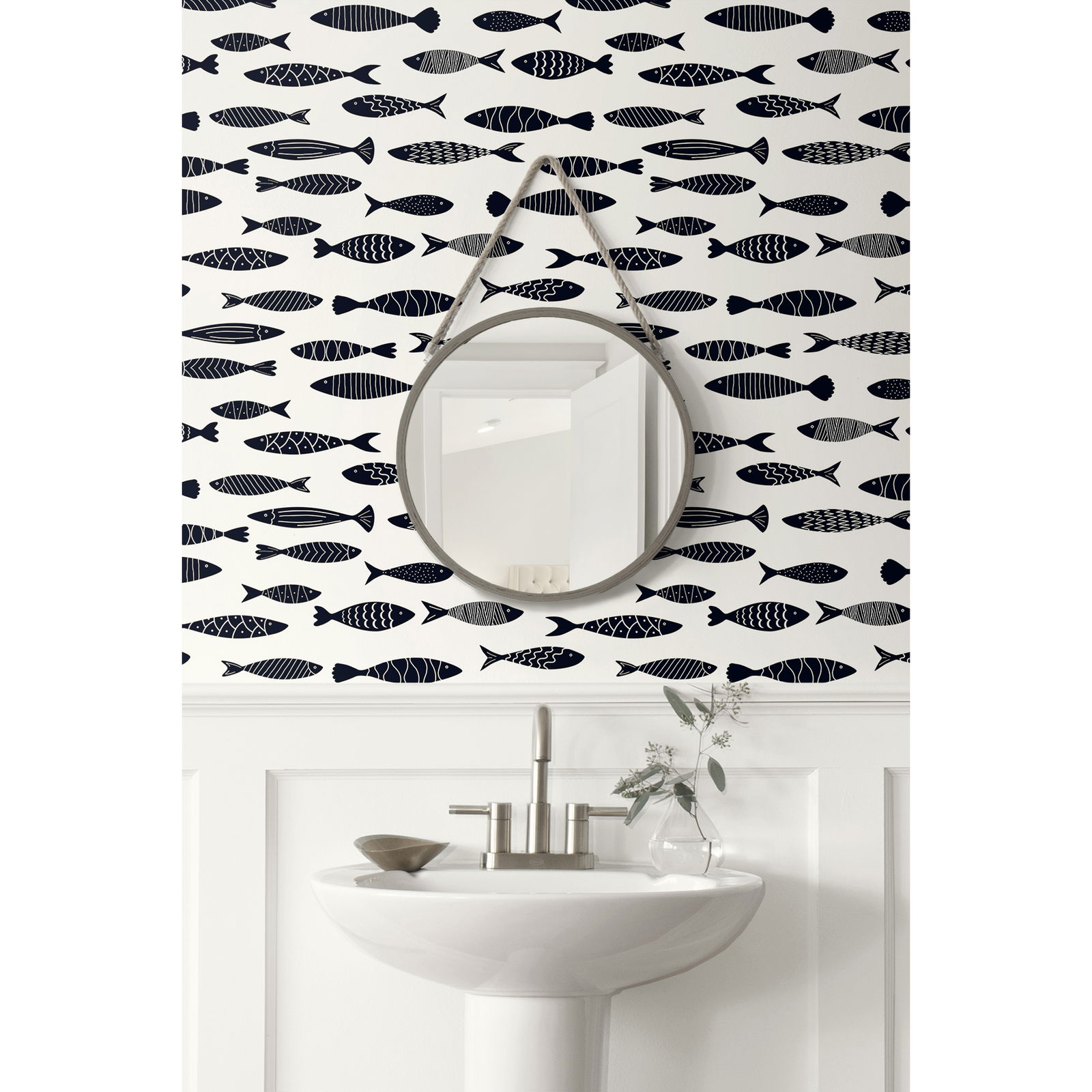 Seabrook Designs Bay Fish Black & White Wallpaper | OnlineFabricStore